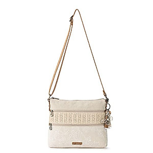 Sakroots Basic Crossbody Bag in Coated Canvas, Multifunctional Purse with Adjustable Strap & Zipper Pockets, White Flower Blossom