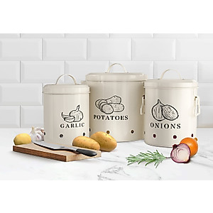 KooK Potato, Onion & Garlic Kitchen Storage Canisters, Rustic Farmhouse Containers with Aerating Holes, Vintage Vegetable Tins, Set of 3, 5 Liter, 2 Liter & 1 Liter (Coconut Cream)