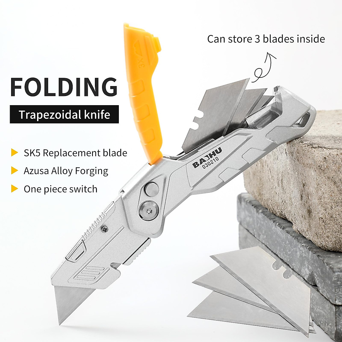 YINLONGDAO Folding Utility Knife, SK5 Heavy Duty Carbon Steel Retractable Blade, Box Cutter of Quick Blade Change, Blade Storage Design, Extra 10 Blades Included（Total 13 Blades）