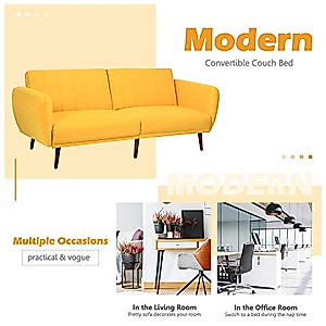 Giantex Foldable Futon Sofa Bed, Convertible Sofa Couch Upholstered Futon Sleeper Sofa, 3-Level Angle Adjustable, Pull Out Futon Bed Ideal for Compact Living Room Apartment, Dorm (Yellow)