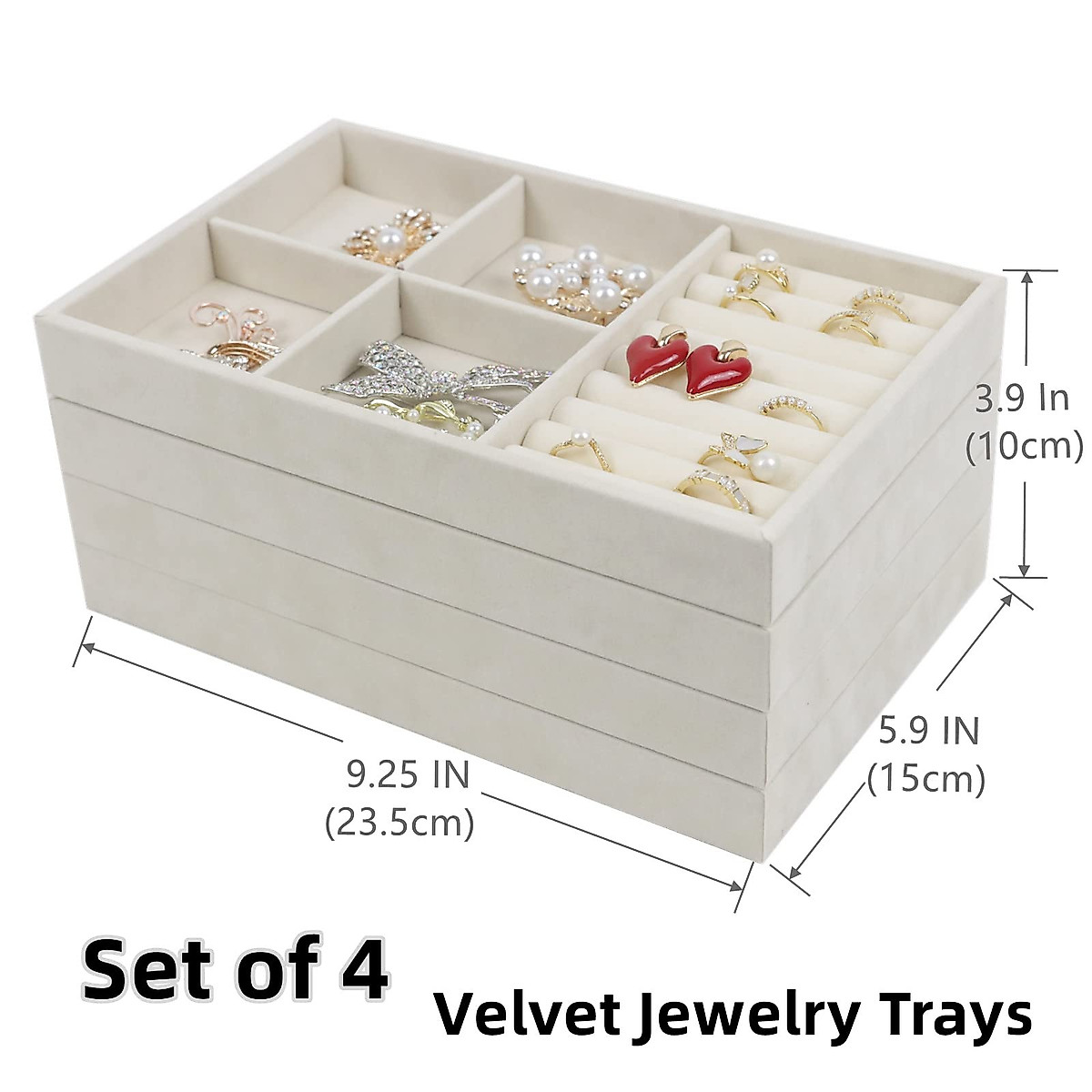 Set of 4 Stackable Jewelry Trays Organizer, Velvet Earring Organizer, Jewelry Organizer Showcase Display Drawer Organizer Storage, Earring Holder Necklace Bracelet Ring Accessary Organizers (Beige)