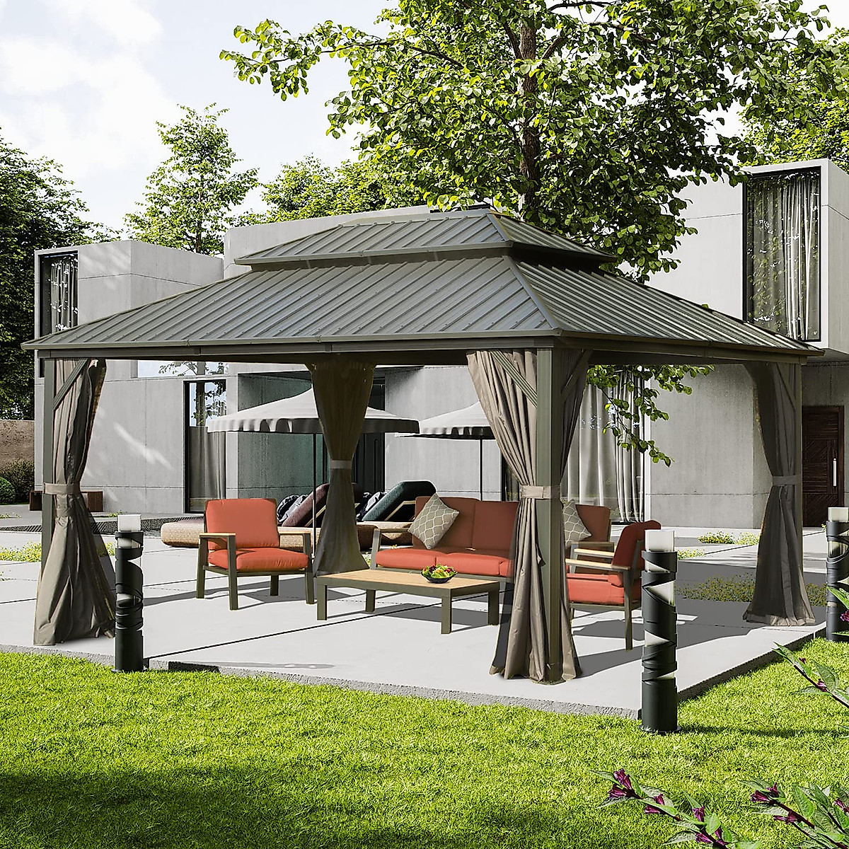 Domi 10' x 14' Hardtop Gazebo Permanent Metal Gazebo with Galvanized Steel Double Roof, Curtains and Netting for Outdoor Dining, Party, Patio, Backyard, Grey