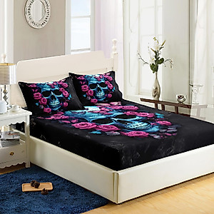 AILONEN 3D Skull Fitted Sheet Set Twin XL Size, Oil Ren Rose with Skeleton Design Bed Sheet Set for Boys Girls Teens,Gothic Skull with Butterfly Bedding Set,1 Fitted Sheet and 2 Pillow Case,3 Pieces