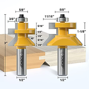 XDENGP 2 PCS 1/2 Inch Shank Tongue and Groove Router Bit Set Flooring, Shaker Style Tongue Groove V Notch Wainscotting Boards Panel and Flooring Matched Edge Banding Milling Router Bit Set Complete