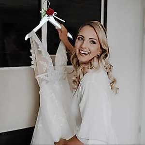Heread Wedding Hangers White Wood Color Flower Bride Dress Hanger Leaf Groom Suit Hanger Engraved Wedding Grown Hanger with Ribbon Bow Knot for Women and Men (Bride (Pack of 1))