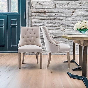 NOBPEINT Dining Chair Beige Fabric Leisure Padded Ring Chair, Nailed Trim, Set of 2