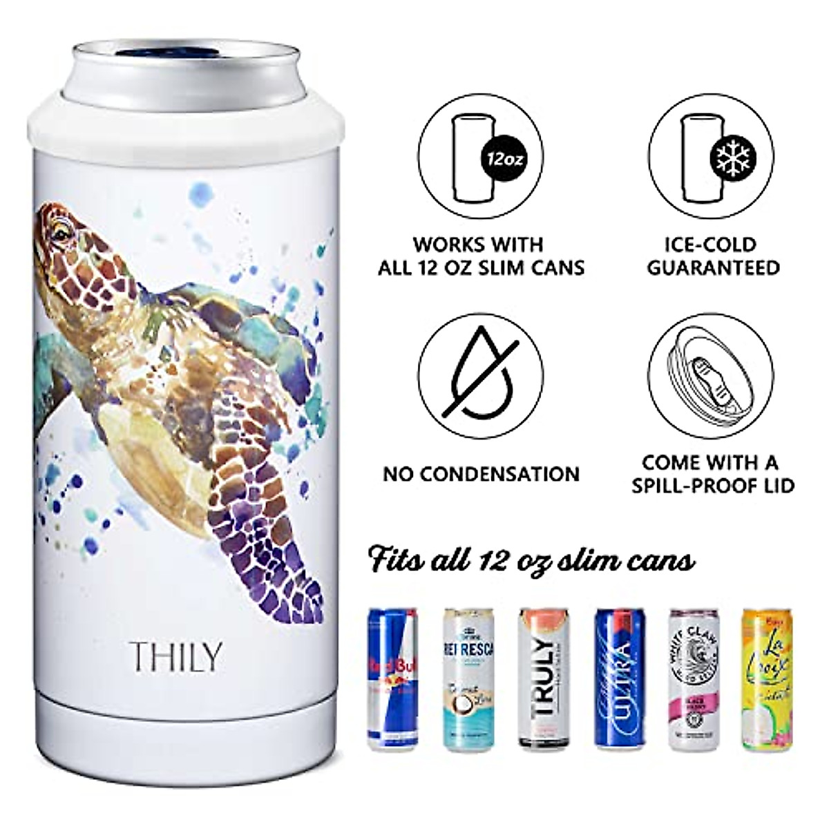 THILY Skinny Can Cooler with Lid, Vacuum Insulated Drink Sleeve Holder for 12 oz Slim Cans | 2 in 1 Stainless Steel Travel Insulated Tumbler, for Slim Beer & Hard Seltzer, Sea Turtle