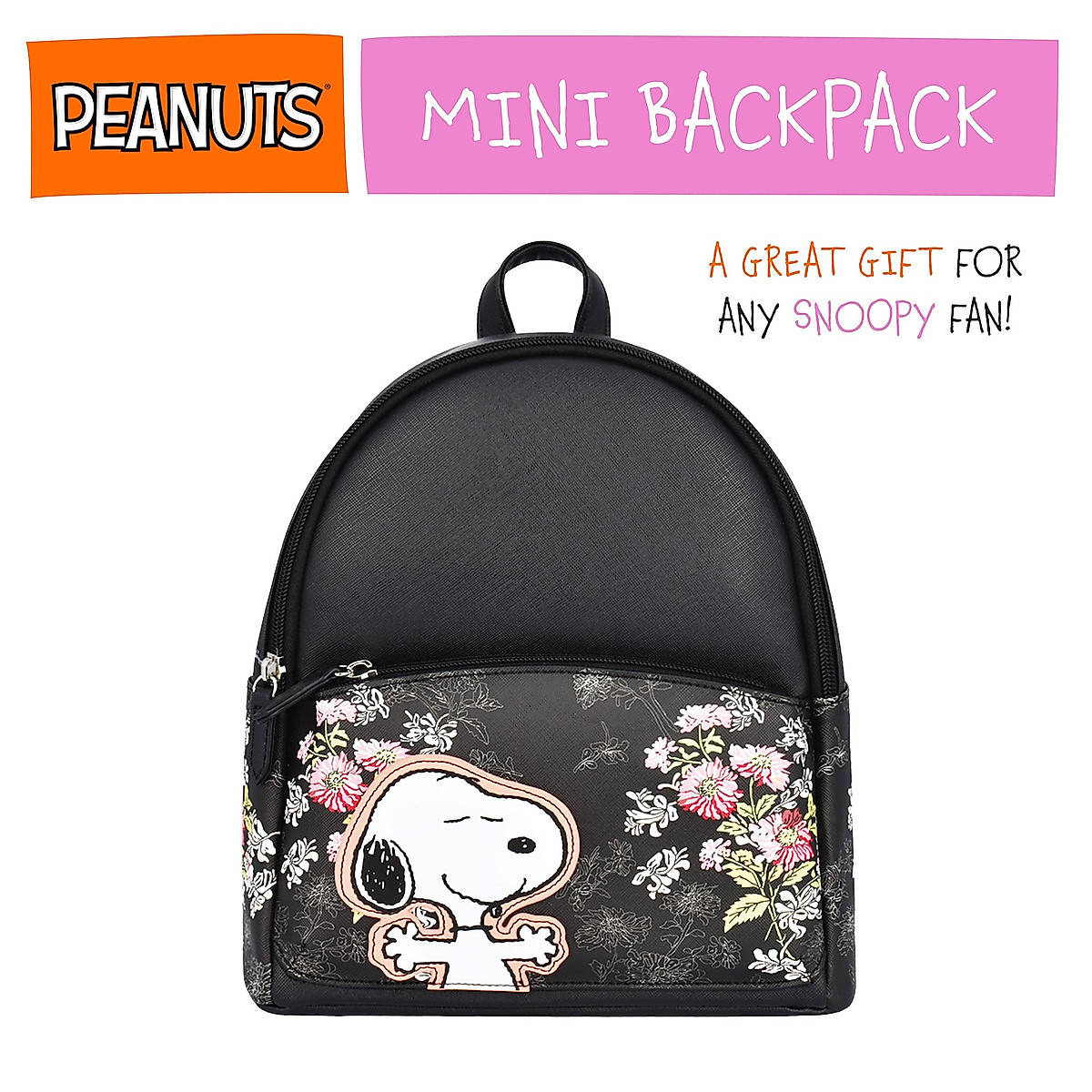 Concept One Peanuts Snoopy Mini Backpack, Small Bookbag, Black