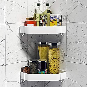 JYL HOME Corner Shower Caddy Bathroom Kitchen Storage Organizer with Hooks Wall Mounted Heavy Duty Aluminum, 2-Pack, White