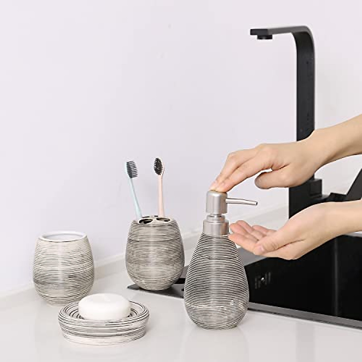 MyGift 4 Piece Textured Ceramic Brown Bathroom Accessory Set Includes Soap Dish, Dispenser, Toothbrush Holder and Tumbler