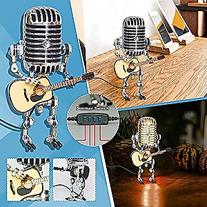 Vintage Microphone Robot Desk Lamp, Retro Style Microphone Robot Desk Lamp Holding Guitare, Vintage Light Home Decor Nightstand Desk Lamp for Bedroom, Bar, Restaurant (Black)