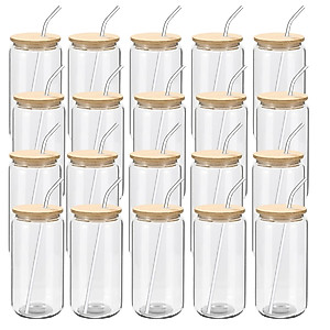 YOUKE OLA 20 Pack Glass Cups with Bamboo Lids and Glass Straw 16oz Beer Can Shaped Drinking Glasses Cups, Glass Tumbler Reusable Cute Cups for Whiskey, Iced Coffee, Tea, Soda, Cocktail, Gift, Clear