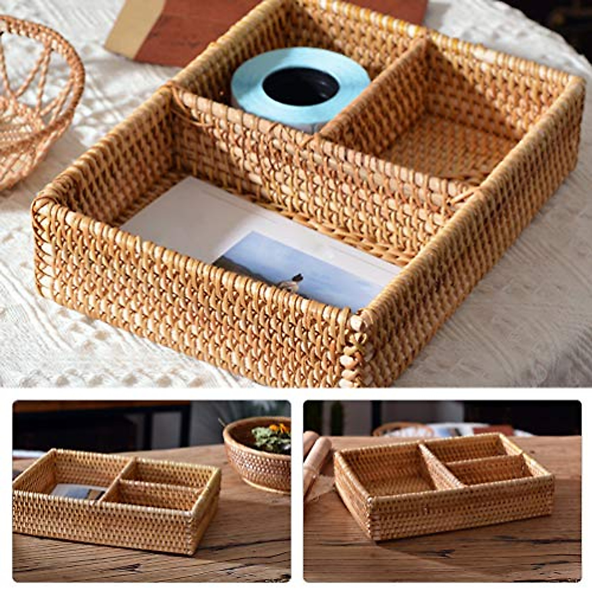 BESPORTBLE Rattan Basket Divided Woven Storage Case 3- Compartment Wicker Organizer