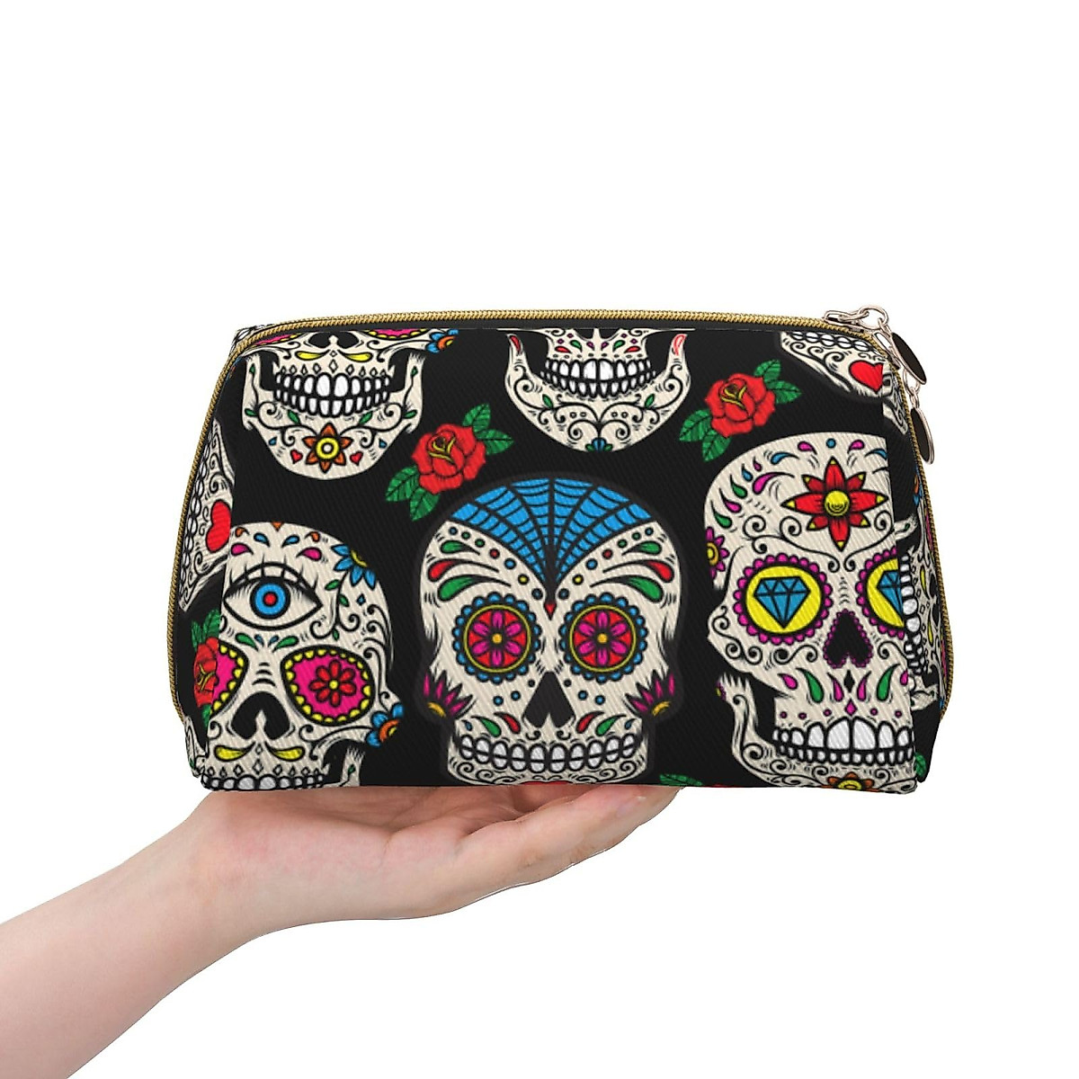 MZERSE Vintage Makeup/Travel/Cosmetic Portable Bag with Zipper, Lightweight Toiletry Bag Case Pouch Compatible With Halloween Mexican Day Dead Sugar Skulls, Luxury Cash Pencil Bag Gift