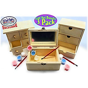 Matty's Toy Stop Design & Paint Your Own Wooden Jewelry Box Set with Mirror Jewelry Box, 3 Drawer Dresser, 4 Drawer Dresser, 3 Brushes & 9 Paints (3 Pink, 3 Blue & 3 White) Gift Set Bundle - 3 Pack