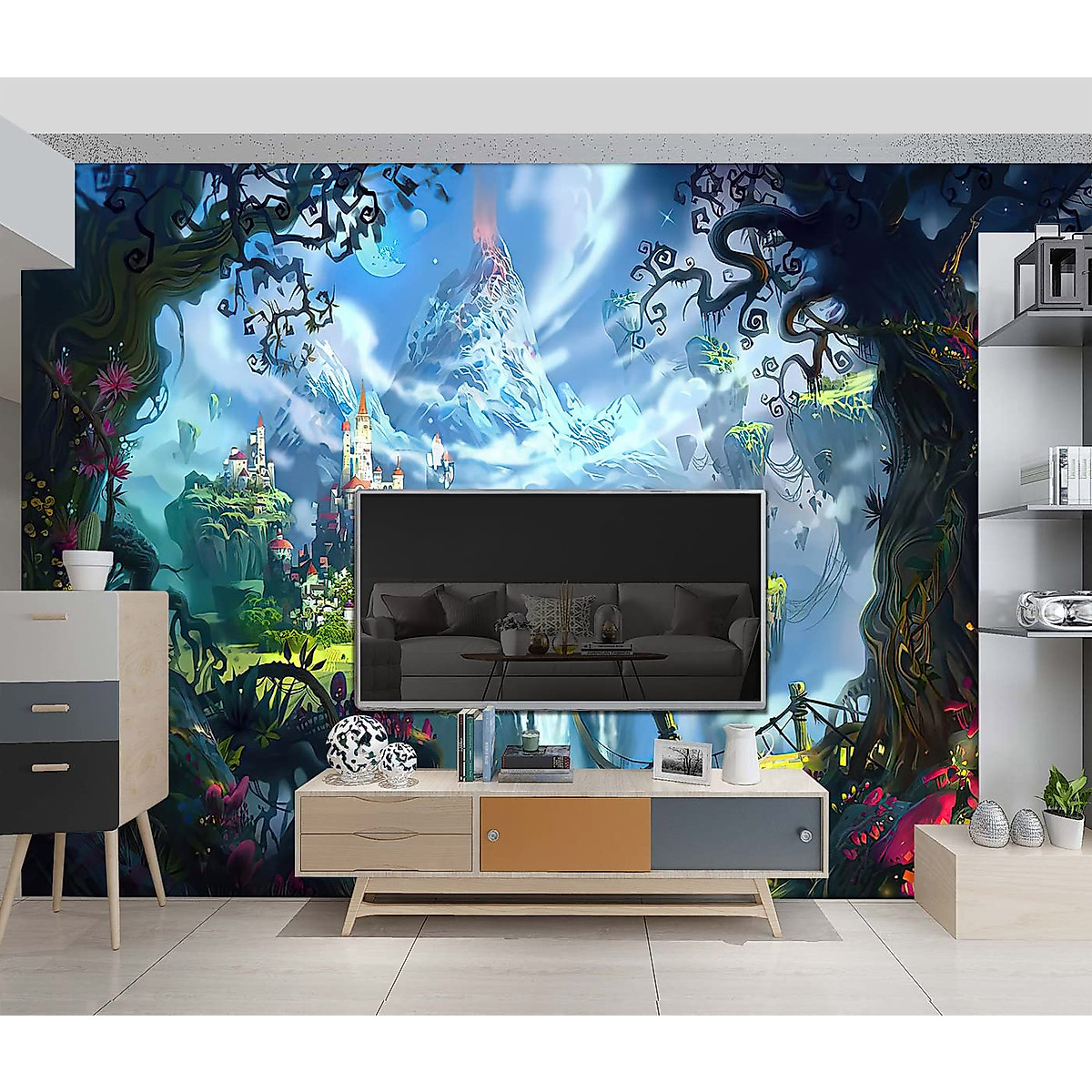 BZHXBZ - 3D Space Enchanted Forest Backdrop Dream Castle Wallpaper Nursery Kids Bedroom Waterfall murals Boys and Girls Room Decor Home Living Room Large Wall Mural - 91"x65" Not Peel and Stick