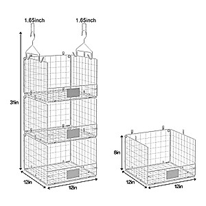 Sonyabecca 3 Tier Foldable Closet Hanging Organizer with Name Plate 5 S Hooks, Wall Mount&Cabinet Wire Storage Basket Bins, for Clothing Sweaters Shoes Handbags Clutches-Silver