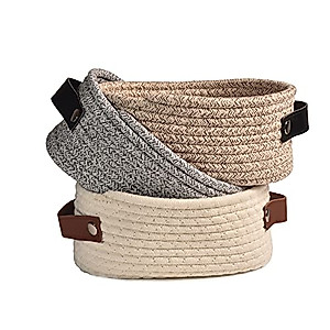 LAVAXI Small Woven Basket with Leather Handle,Oval Storage Basket for Organizing Toys, Keys, Books Coffee 9x 7 Inch