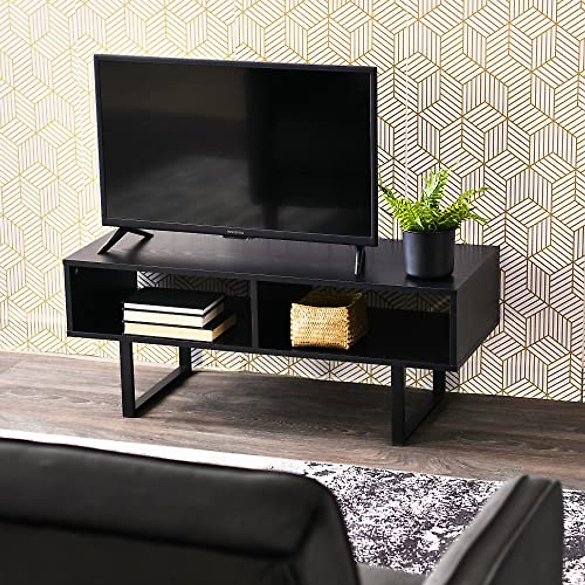 Household Essentials Jamestown TV Stand Coffee Table with Rectangular Storage Compartments Black Oak Wood Grain and Black Metal