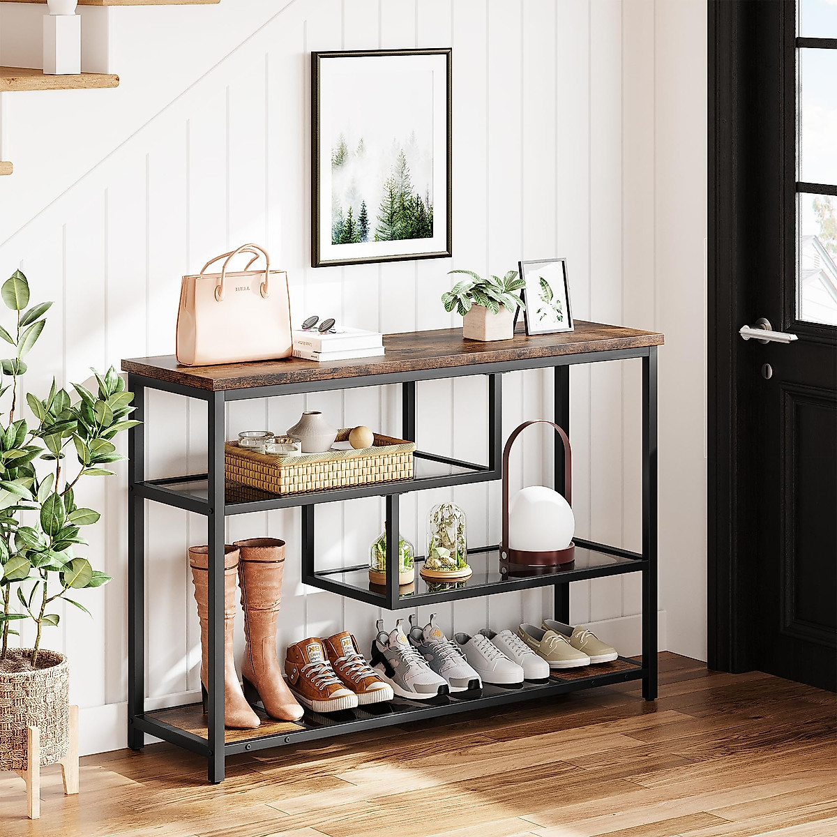 IDEALHOUSE Console Table, 4-Tier Sofa Tables Narrow Entryway Table with Glass Shelf and Metal Frame, 39.4" Behind Couch Table Industrial Hallway Table for Living Room, Foyer, Bedroom, Rustic Brown