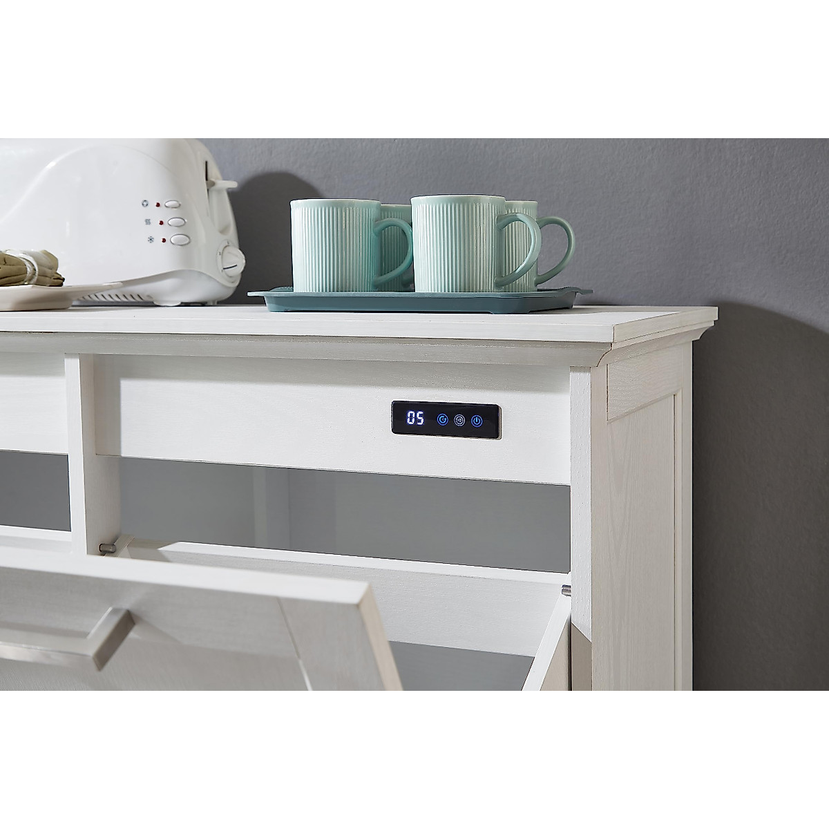 Tilt Out Trash Cabinet, Wooden Kitchen Garbage Can Free Standing Holder, Tilt Out Laundry Hamper Cabinet (Double White)