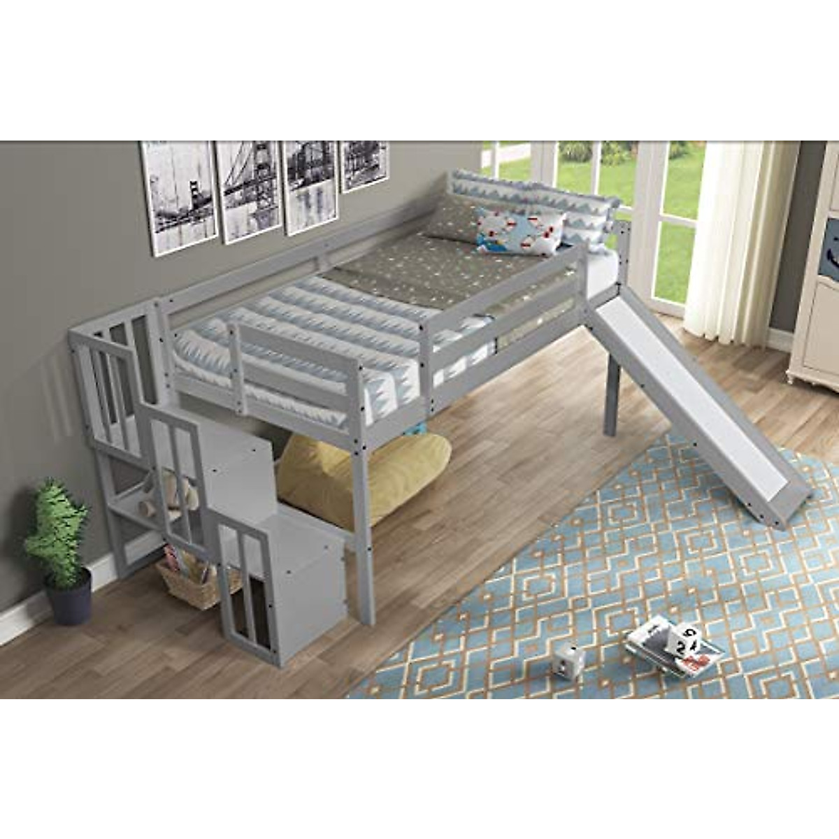 Longrune Twin Floor Loft Bed with Slide and Storage Staircase, Saving Space, for Kids Bedroom, Grey
