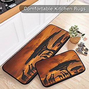 ALAZA Giraffe Sunrise African 2 Piece Kitchen Rug Floor Mat Set Runner Rugs Non-Slip for Kitchen Laundry Office 20" x 28" + 20" x 48"