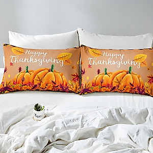 Feelyou Autumn Harvest Bed Sheet Set for Kids Boys Girls 3 Pieces Happy Thanksgiving Day Bedding Set Fall Pumpkin Fitted Sheet with 1 Flat Sheet & 1 Pillowcase Twin Size