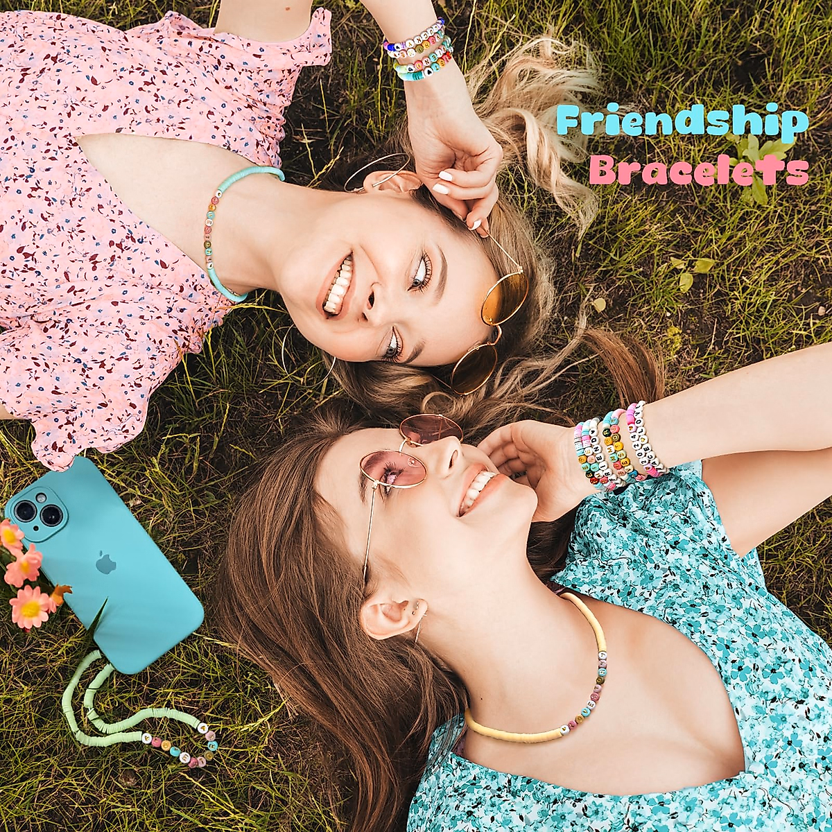 Dowsabel Friendship Bracelet Kit, 28 Colors Clay Beads Letter Beads Bracelet Making Kit, 4 Styles of Round Alphabet Beads with Number, Heart Beads for Jewelry Making, Ideal Gifts for Girls 6-13