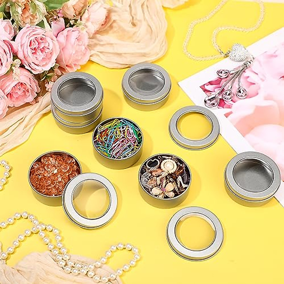 2 Ounce Metal Tin Cans Round Empty Container Salve Tins with Clear Screw Lid for Kitchen, Office, Candles, Candies ()