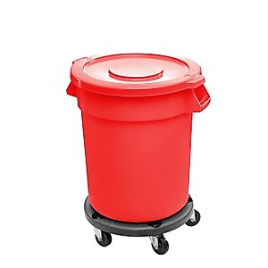 20 Gallon Red Round Commercial Trash Can with Lid and Dolly, Kitchen Waste Bin, Indoor Trash Can, Trash Bin, Durable Wastebasket, Garbage Can, Round Decorative Waste Receptacle for Office or Store