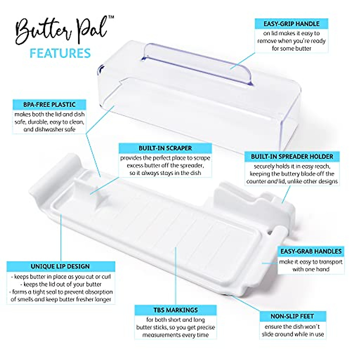BUTTER PAL Dish with Lid - Butter Holder with Knife, Scraper & Measurement Marks - Countertop Butter Container with Knife & Curling Holes - For Fridge or Counter
