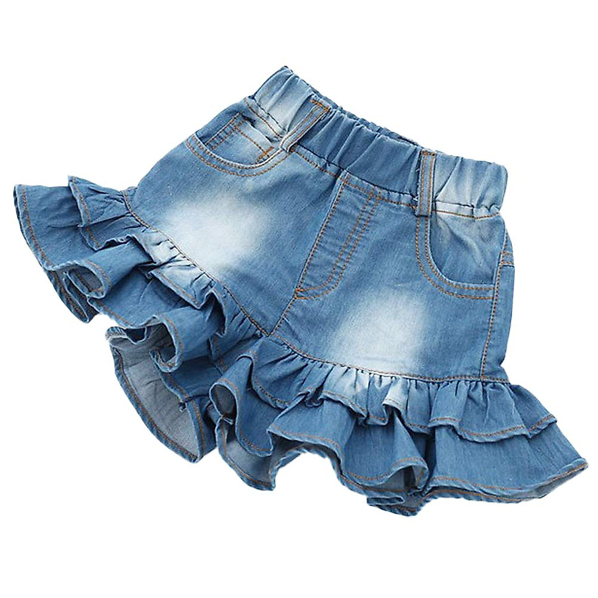TIBE PINCESS Girls Denim Shorts 2 Layers Ruffles Lace Kids Fashion Skirt Shorts Summer Beach Sports Shorts Light Blue Size 3-4T