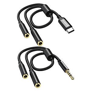 Guamar Audio Splitter for Headphones/Mic (2 Pack),USB C to 3.5mm Audio Jack Adapter,Headset 3.5mm Y Cable Dual Earphone Jack Aux Stereo Cord for 2 TRRS Microphones to PC,Phone,Tablet,Laptop