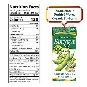 Edensoy Unsweetened Eden Organic Soymilk, Non-GMO, USA Whole Soy (Soya) Milk, Non-Dairy, Vegan, Plain, Shelf Stable, 32 oz (6-Pack)