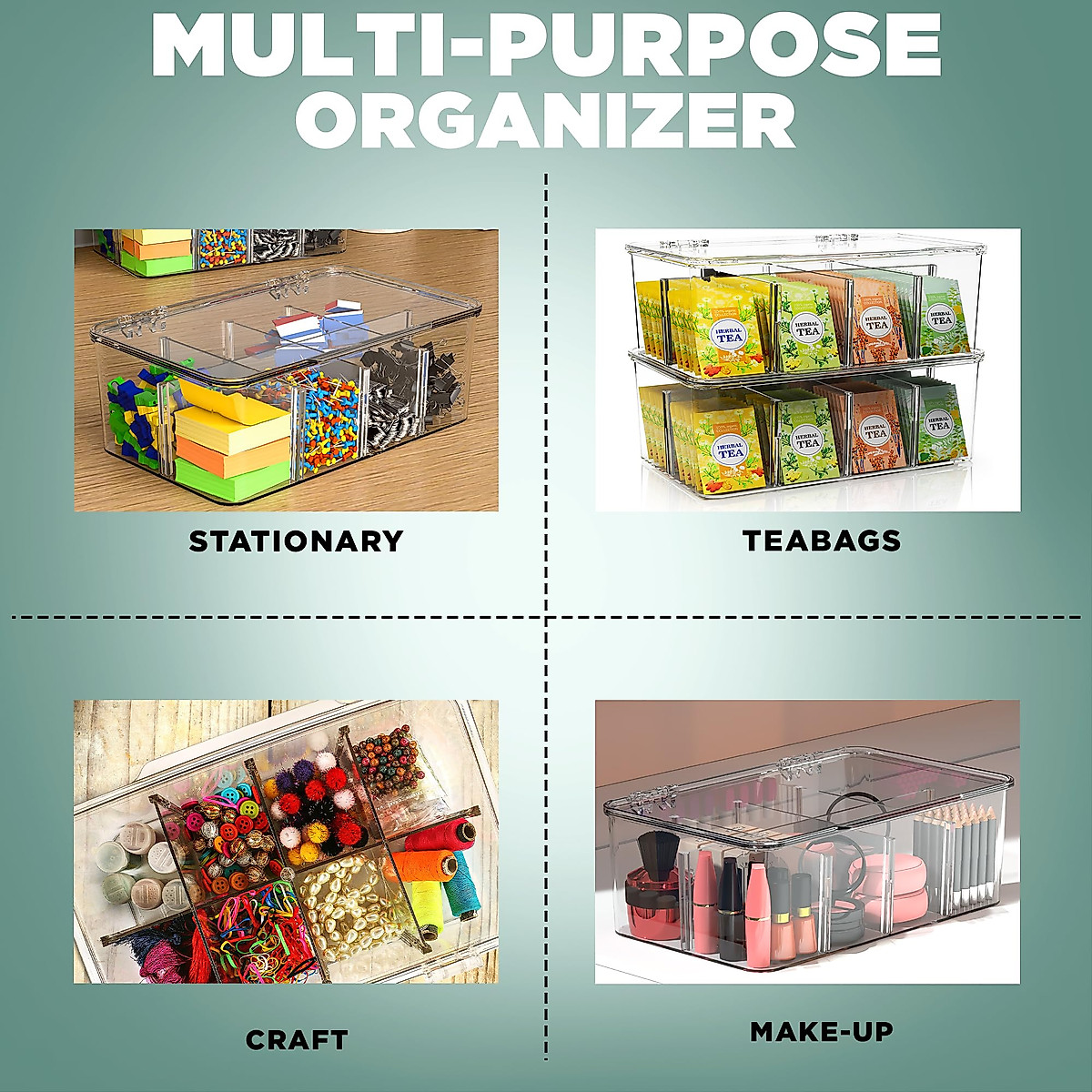 Utopia Home (3 Pack) Tea Bag Organizer - Stackable Tea Bag Storage Organizer with Clear Top Lid- Tea bag holder For Counter tops, Kitchen Cabinets, Pantry, Sweeteners (Clear)