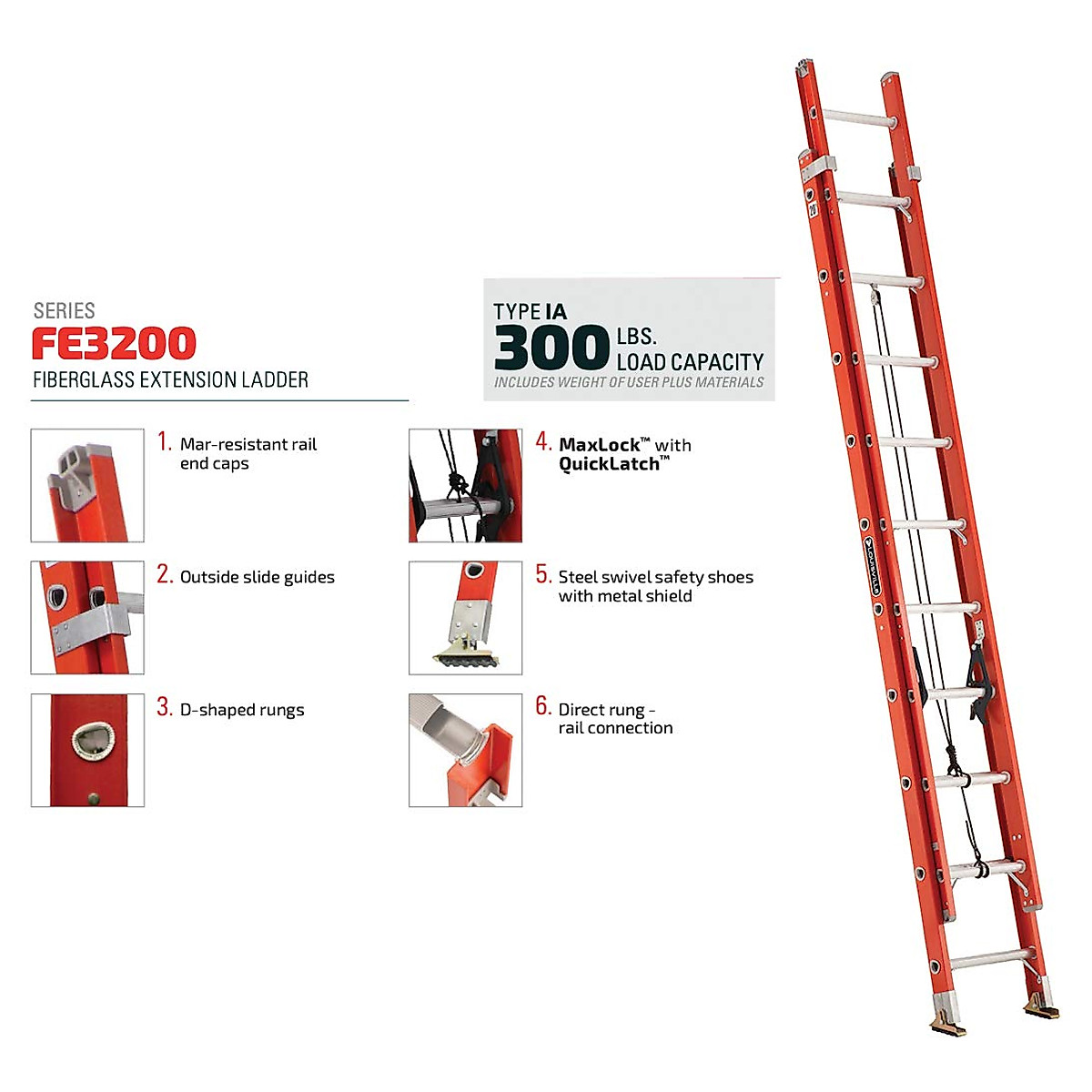 Louisville Ladder FE3216 Foot Extension Ladder, 16 ft, Orange