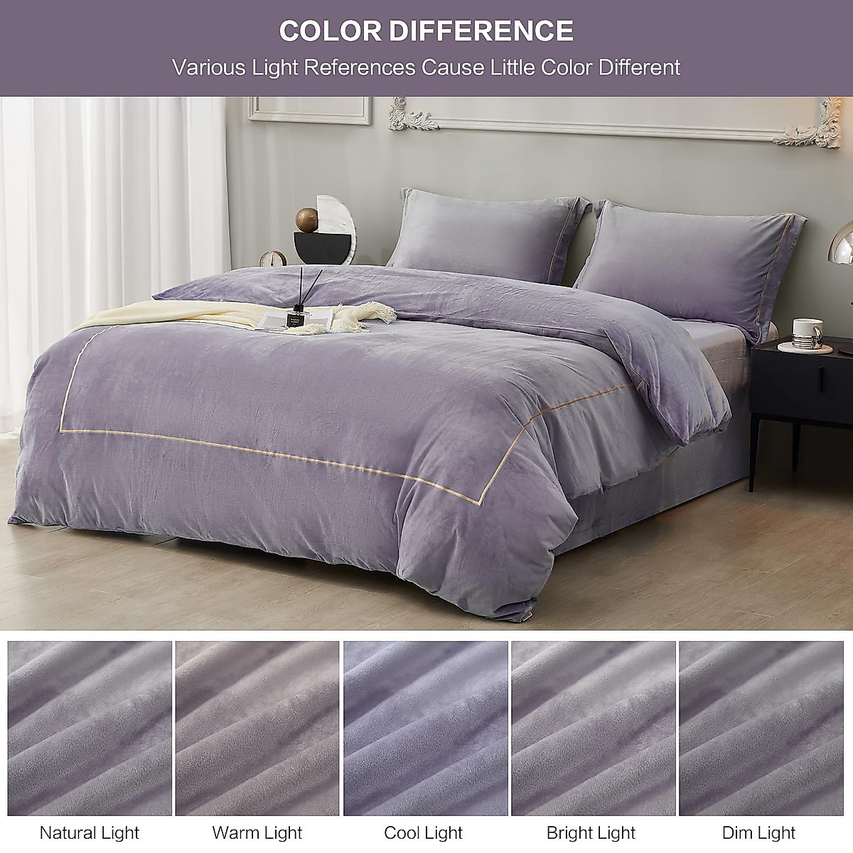 SAPHREAS Twin Size Warm Flannel Duvet Cover Set 3cps Winter Microfiber Grayish Lavender Fluffy Bedding Comforter Cover 68"x90" 1 Quilt Cover 2 Pillow Shams