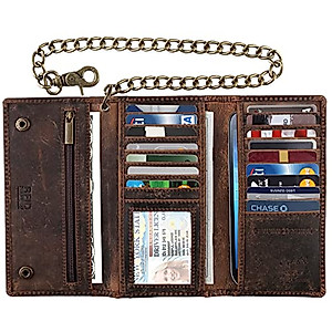 F&L CLASSIC RFID Blocking Mens Tri-fold Long Style Cowhide Leather Steel Chain Wallet,buffalo vintage leather