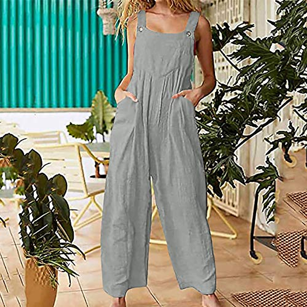 Sdeycui Womens Ethnic Style Solid Pocket Loose Romper Wide Leg Suspender Jumpsuit(Gray, M)