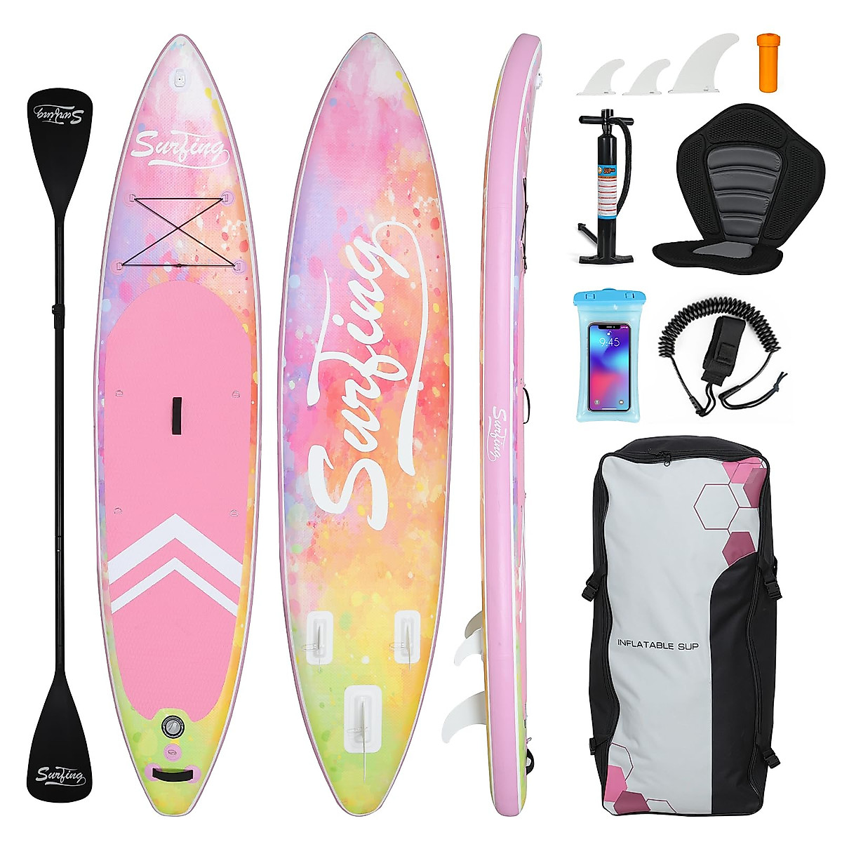 YUSING 11' Inflatable Stand Up Paddle Board with Kayak Seat, Non-Slip Deck SUP Paddle Board with Premium Kayak and SUP Accessories & Backpack, Portable Standing Boat for Youth & Adult(Pink)