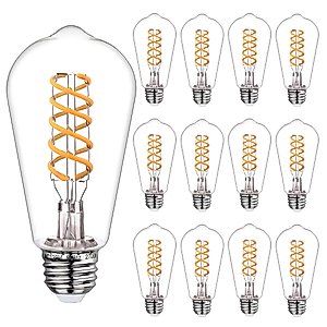 Austin Coast 12 PCS Dimmable Vintage LED Edison Bulbs, 6W Equivalent 60 Watt, Warm White 2700K, Antique Flexible Spiral LED Filament Light Bulb, ST58 (ST19), 600 Lumens, E26 Base, Clear Plastic