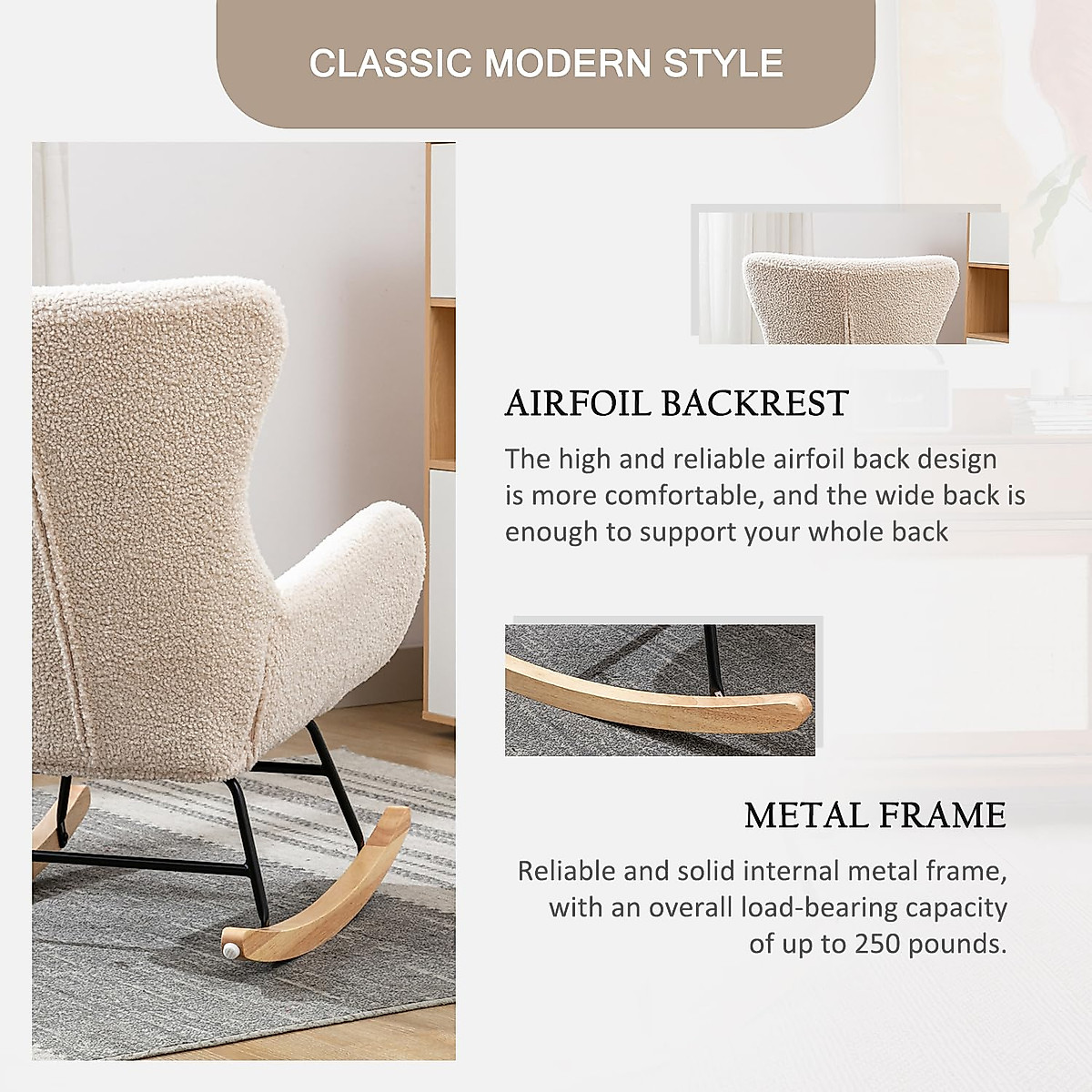 FENFSHE Nursery Rocking Chair with High Backrest and Armrests, Teddy Velvet Upholstered Baby Rocking Chair for Baby Nursery,Living Room,Bedroom (Beige)