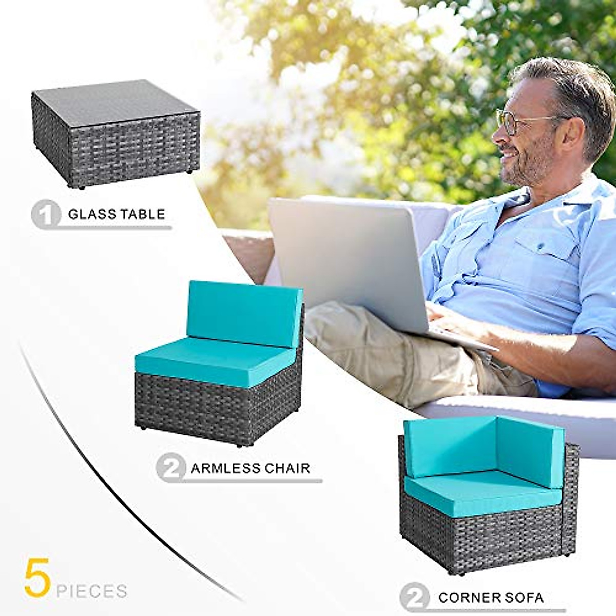 SUNLEI 5pcs Patio Outdoor Furniture Sets Conversation Set,Low Back All-Weather Rattan Sectional Sofa with Tea Table&Washable Couch Cushions(Silver Rattan)(Blue)