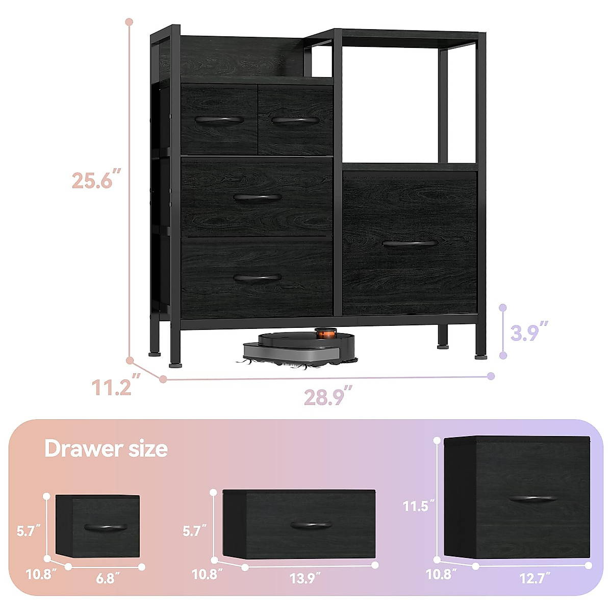 Furnulem Dresser for Bedroom Organization Fabric Dresser Units with 5 Storage Drawers Sturdy 2 Tier Shelf Large Space Dresser Bedroom Dresser for Hallway Entryway Dorm Black