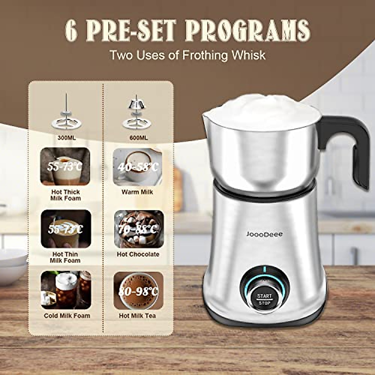 Milk Frother Electric, JoooDeee Automatic Milk Frother 600ml Removable 6 in 1 Dishwasher Safe Milk Container, Quiet, 500W, Stainless Steel