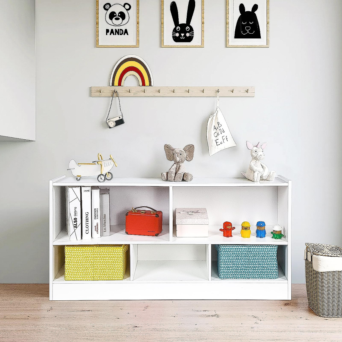 PACHIRA E-Commerce Toy Storage Cabinet for Kids Room White, 5-Section Toy Storage Organizer Open Kids Bookshelf for Playroom, Living Room, Bedroom, Classroom