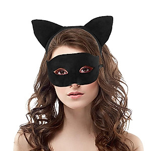 Halloween Black Cat Costume Set for Women, Cat Ear Headband Tail with Black Cat Mask Masquerade Halloween Cat Costume Accessory