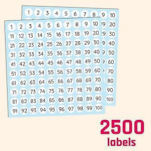 25 Sheets, 1 to 100, Number Stickers Labels - 0.4" Round, Pack of 2500