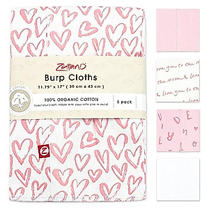 Zutano 5-Pack Organic Burp Cloths for Baby Girl & Boy, Large Cotton Burping Cloths for Babies | Absorbent Baby Spit-Up Rags | Gender Neutral Burp Clothes | Newborn Essentials, Pink Hearts